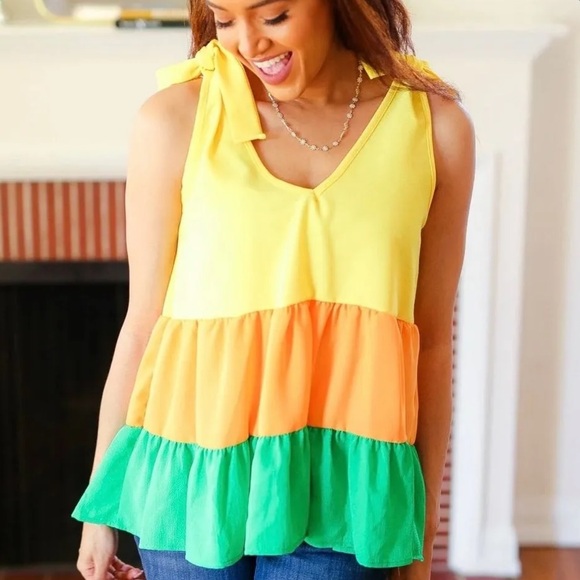 Tops | 1 Yellow Tangerine Tiered Shoulder Tie Crepe Top | Poshmark